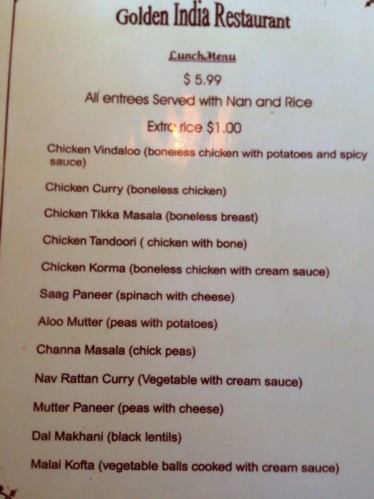 Menu at Golden India Restaurant, Winston-Salem