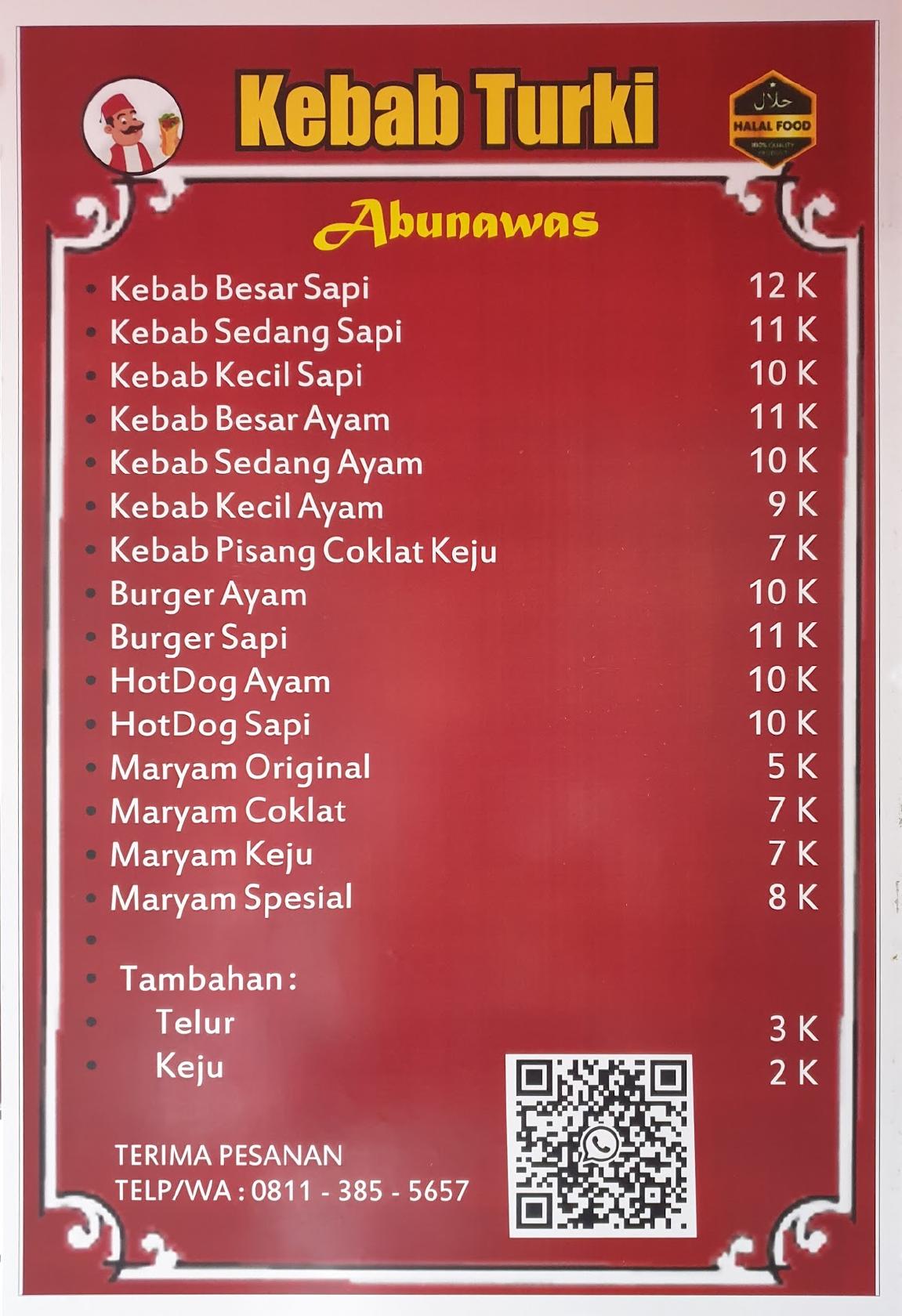 Carta del restaurante Kebab Turki Abunawas, Negara