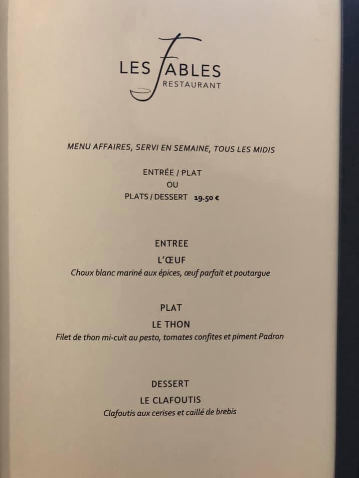 Menu au Les Fables restaurant, Fontaines