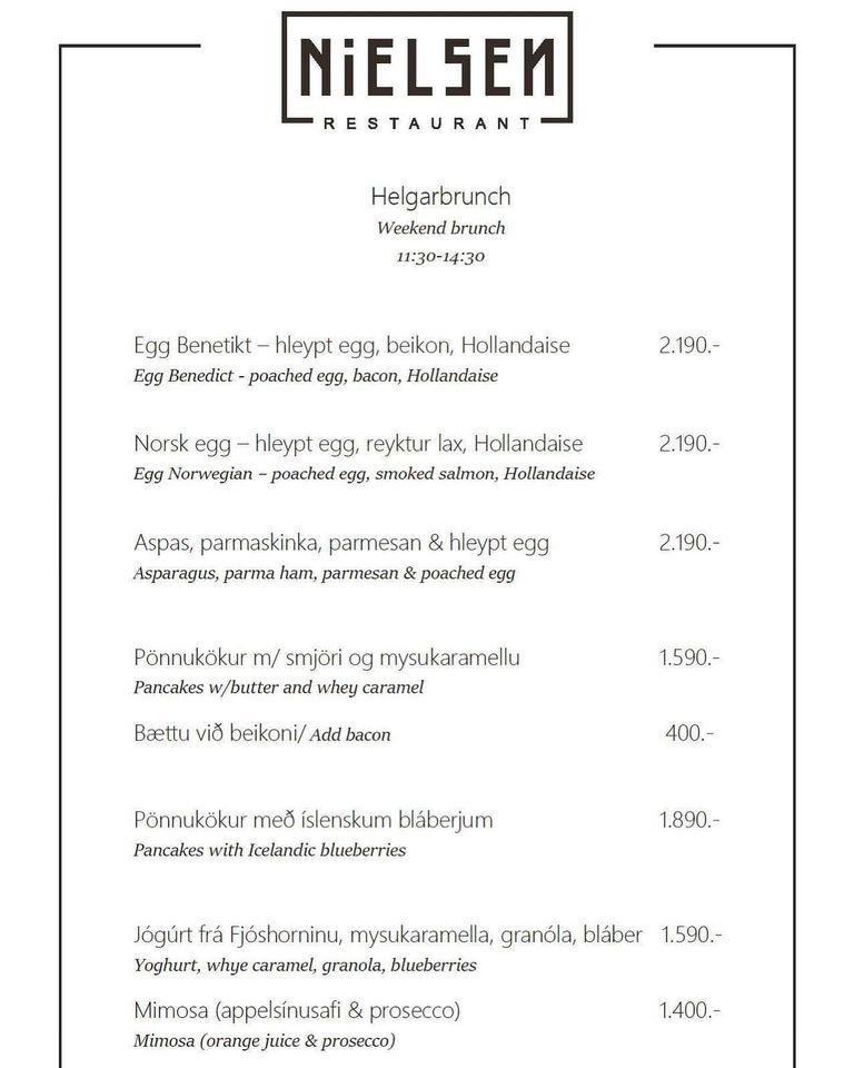 Menu at Nielsen restaurant, Egilsstaðir