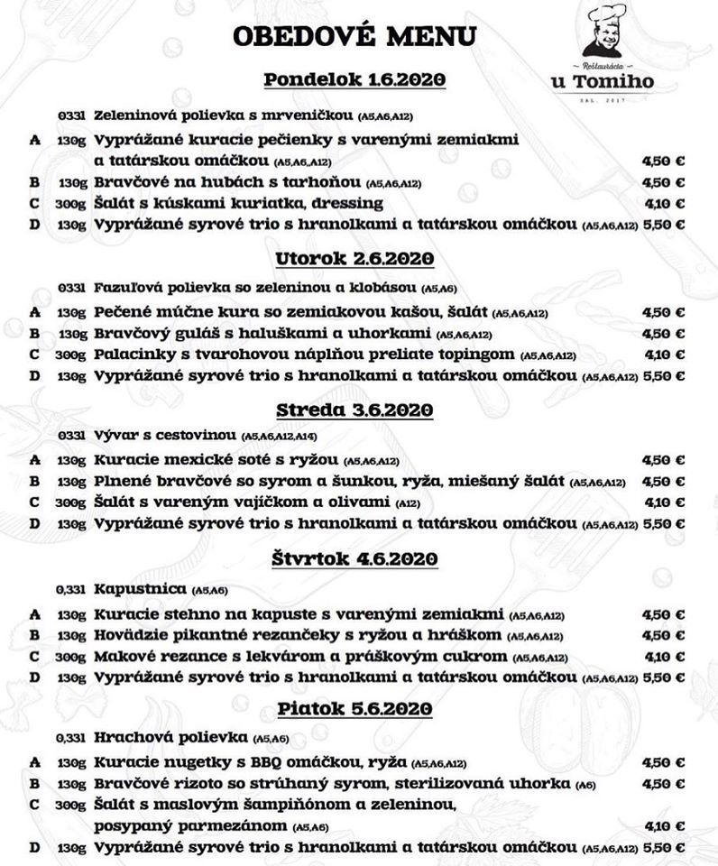 Menu at Reštaurácia u Tomiho restaurant, Želiezovce