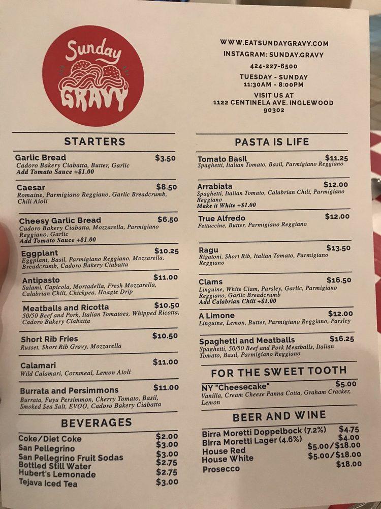 Menu at Sunday Gravy restaurant, Inglewood