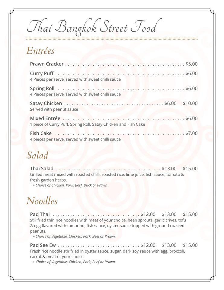 Menu at Thai Bangkok Street Food restaurant, Yorkeys Knob
