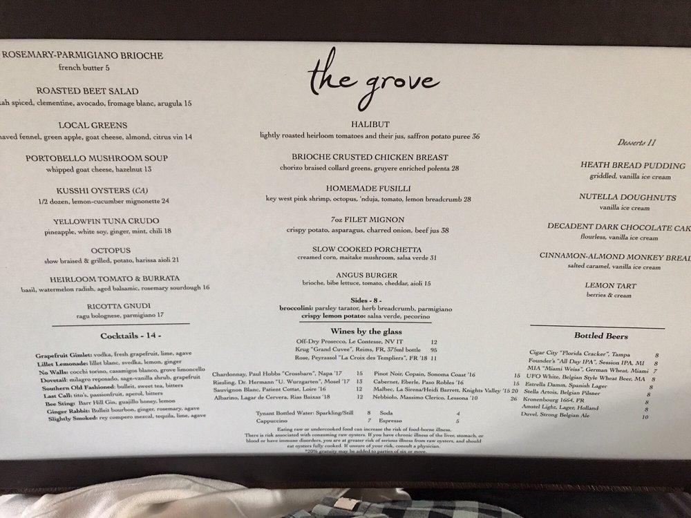 Menu at The Grove restaurant, Delray Beach