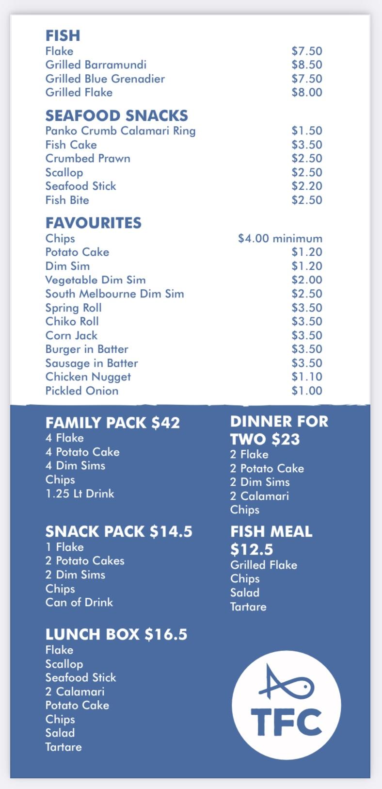 Menu at Tullamarine Fish & Chips restaurant, Tullamarine