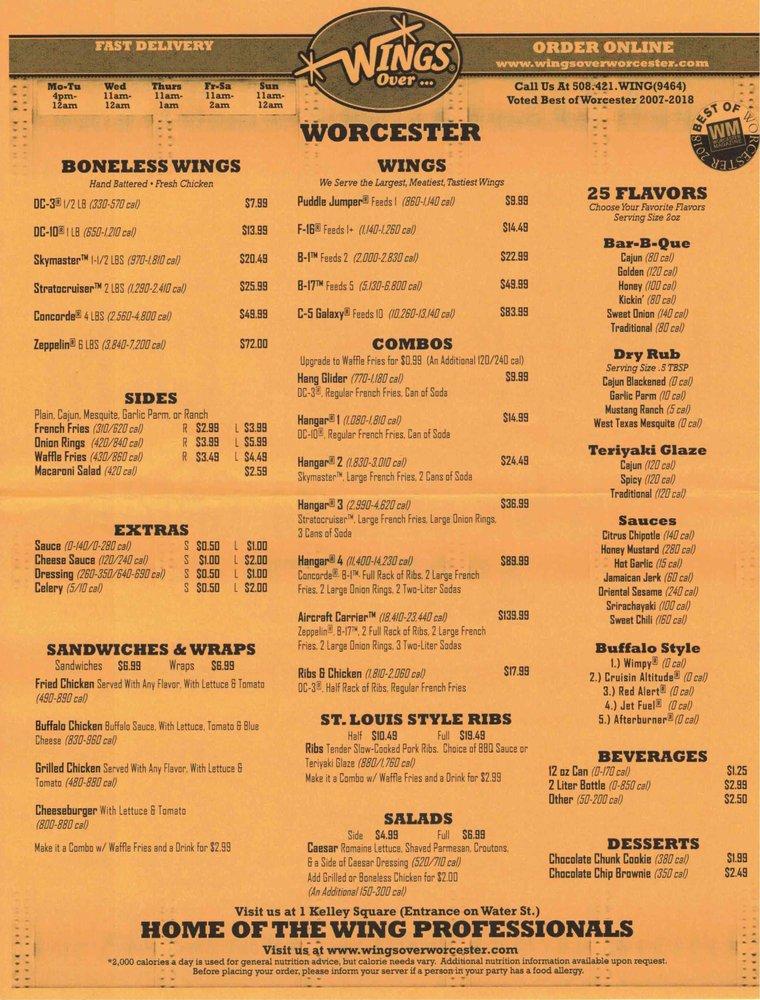 Menu at Wings Over Worcester fast food, Worcester
