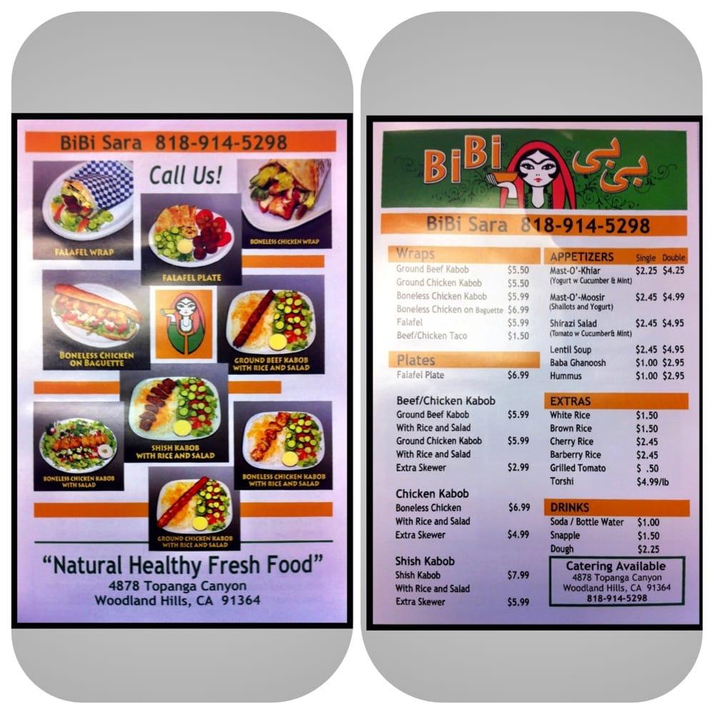 Menu at Bibi Sara restaurant, Los Angeles, Topanga Canyon Blvd
