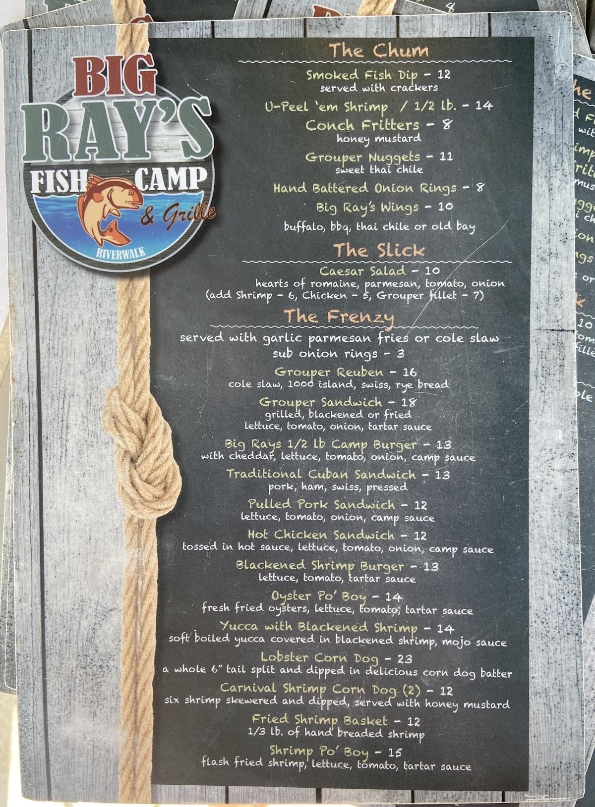Menu at Big Ray’s Fish Camp on the Riverwalk restaurant, Tampa