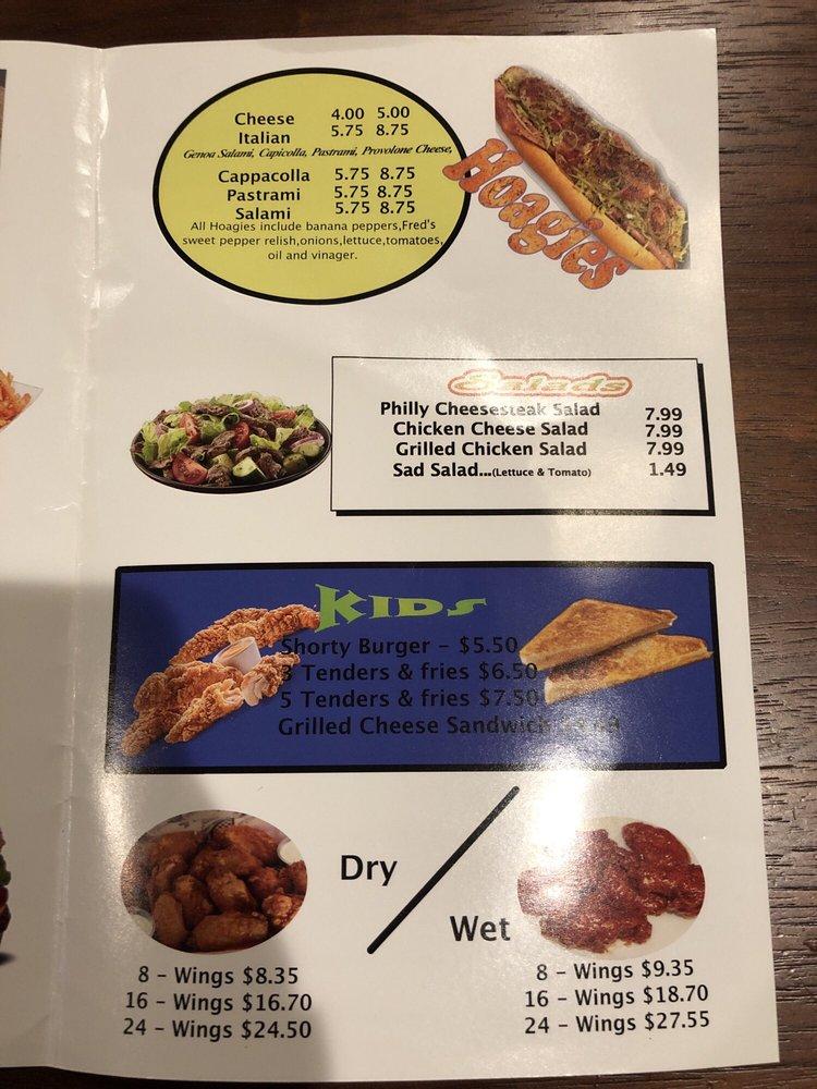 Menu at Fred's Downtown Philly restaurant, Arlington
