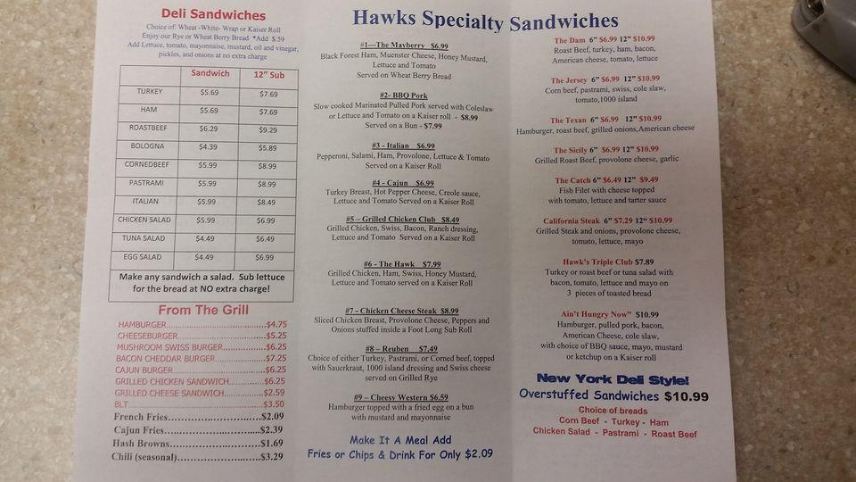 Menu at Hawk's Country Store & Deli restaurant, Moneta