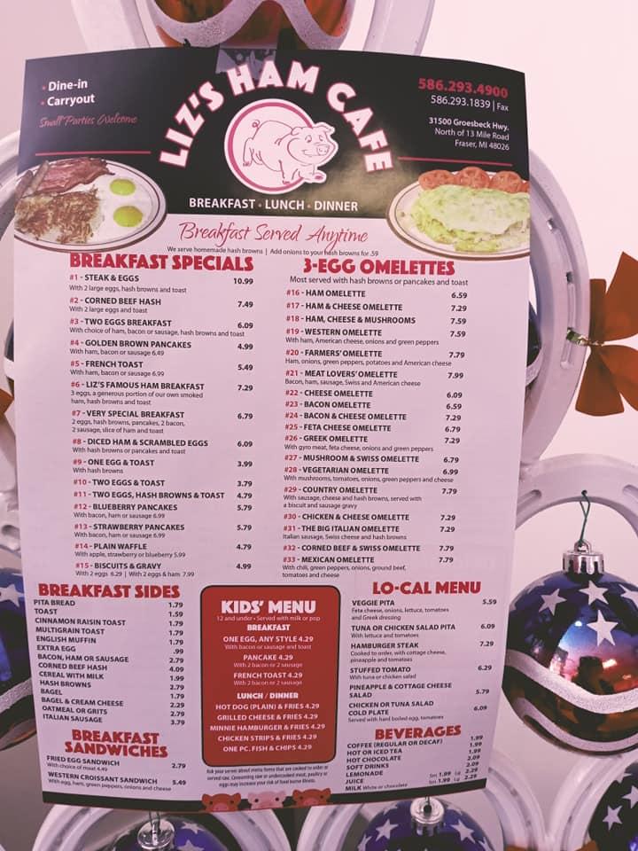 Menu at Liz's Ham Cafe, Fraser