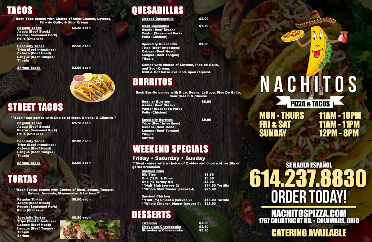 Carta de pizzería Nachito's Pizza and Tacos, Columbus