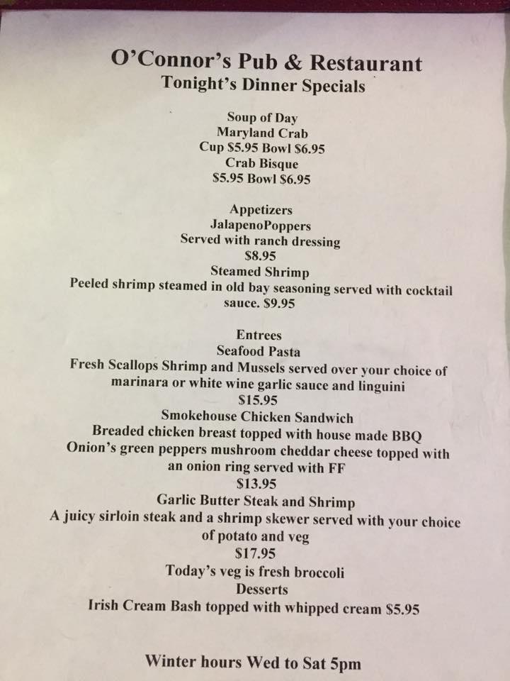 Menu at O'Connors Pub & Restaurant, Chestertown