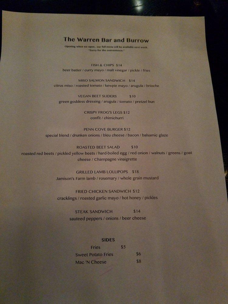 Menu at The Warren Bar & Burrow, Pittsburgh