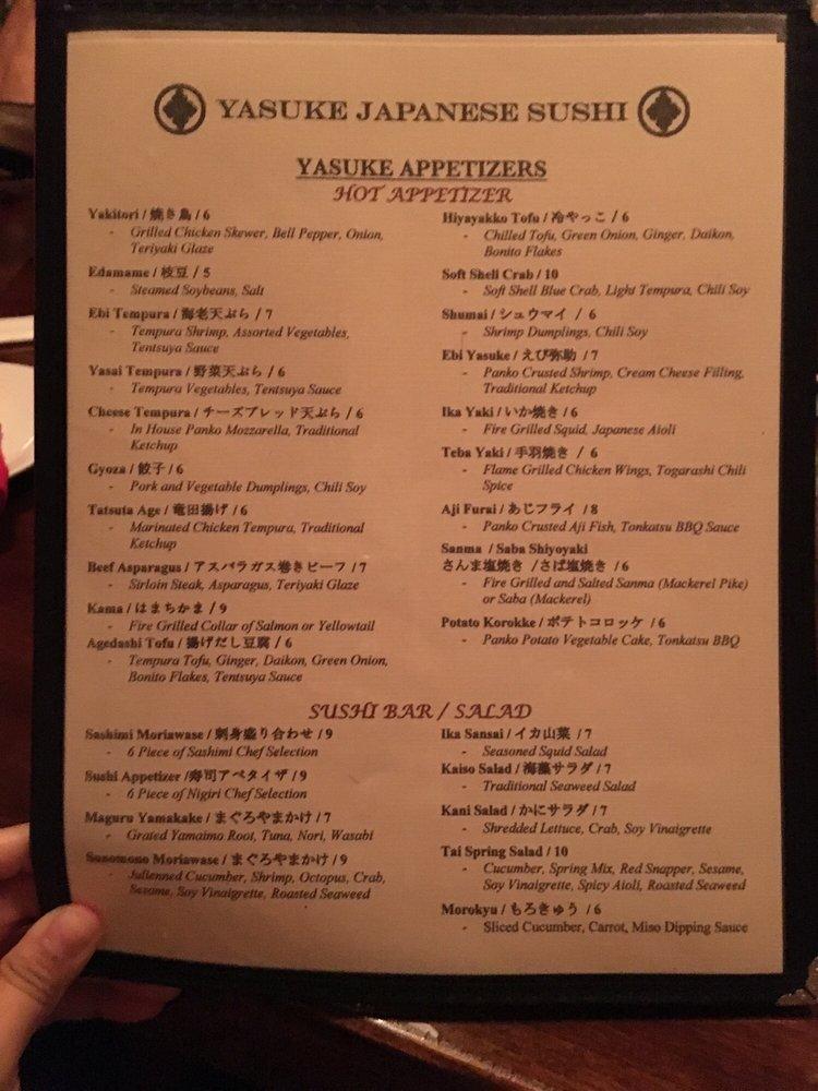 Menu at Yasuke Japanese Sushi restaurant, McAllen