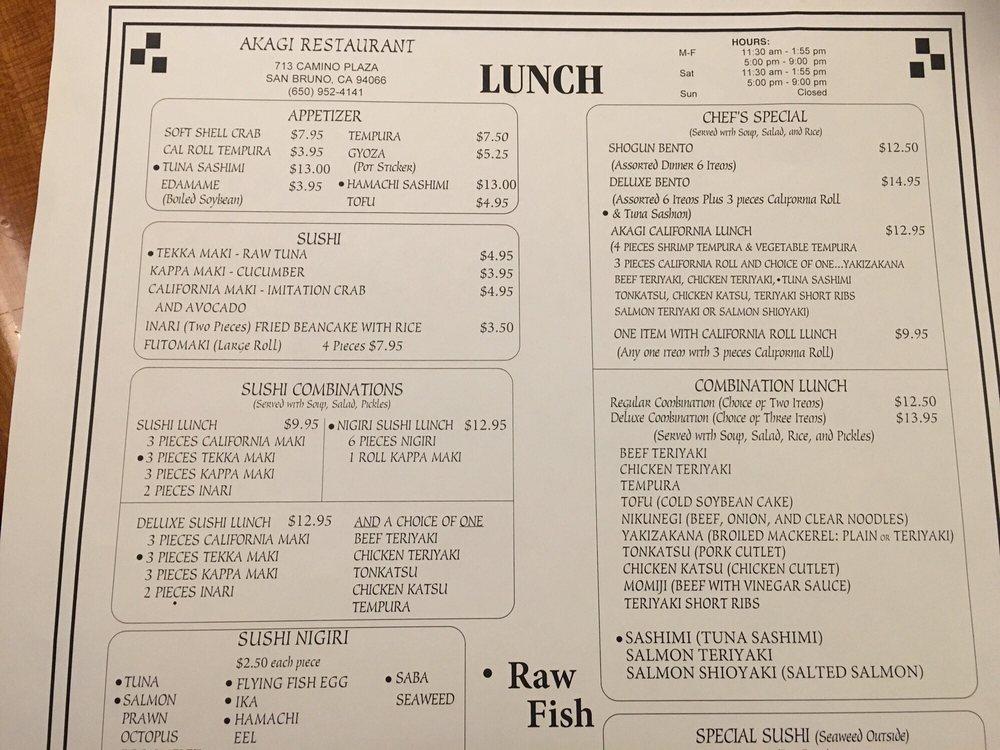Menu at Akagi Restaurant, San Bruno
