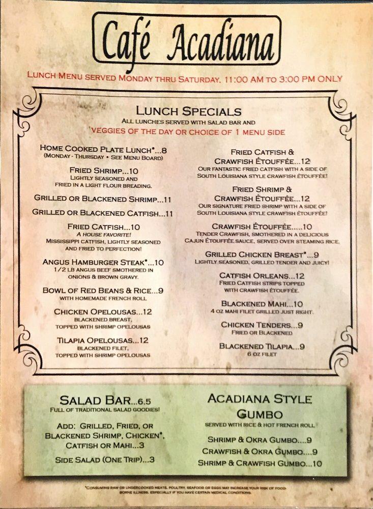 Menu at Café Acadiana restaurant, Silverhill