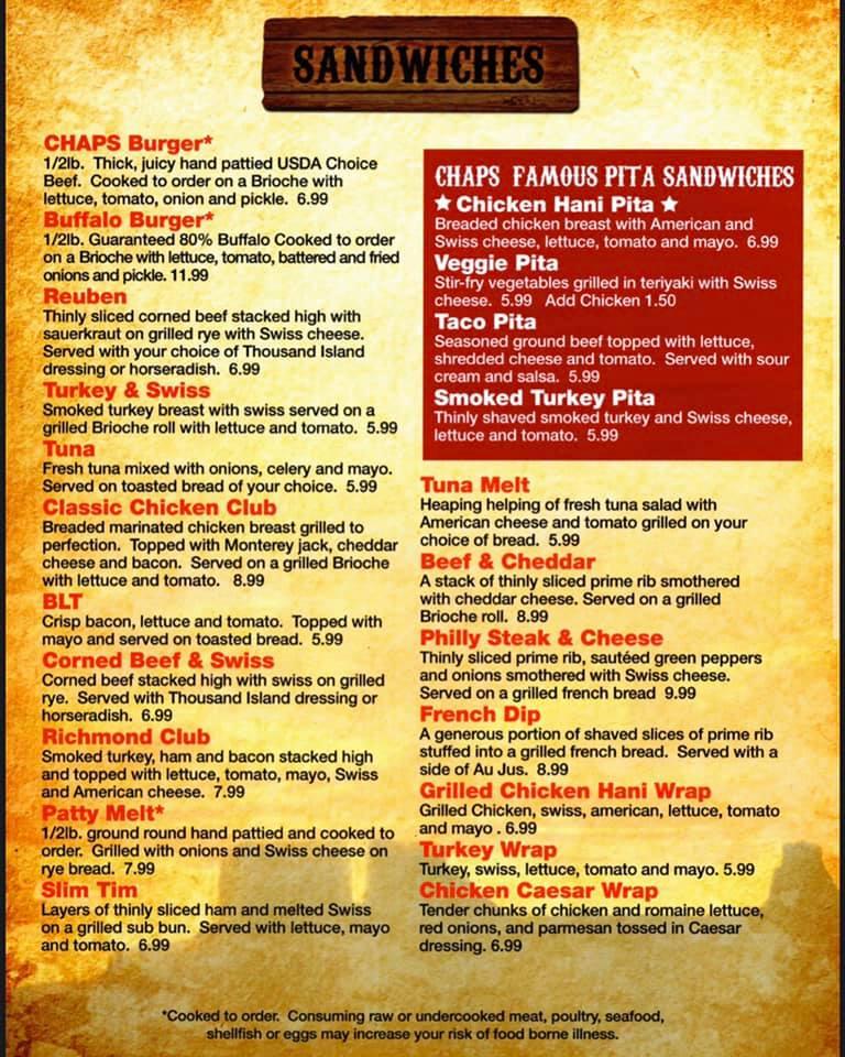 Menu at Chaps restaurant, Armada