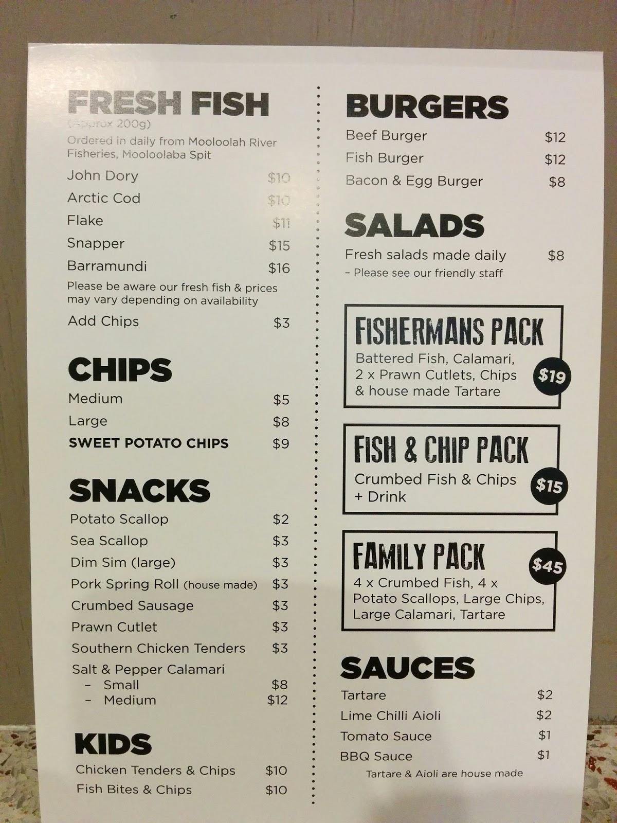 Menu at Fish & Chippery restaurant, Mooloolaba