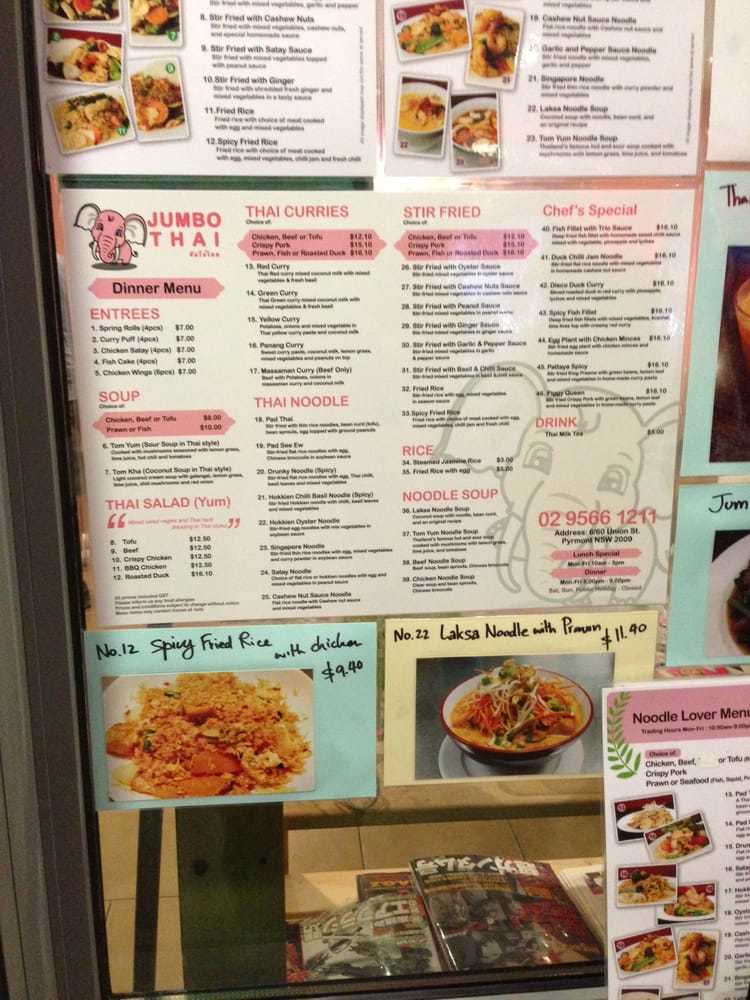 Menu at Jumbo Thai restaurant, Pyrmont, 60 Union St