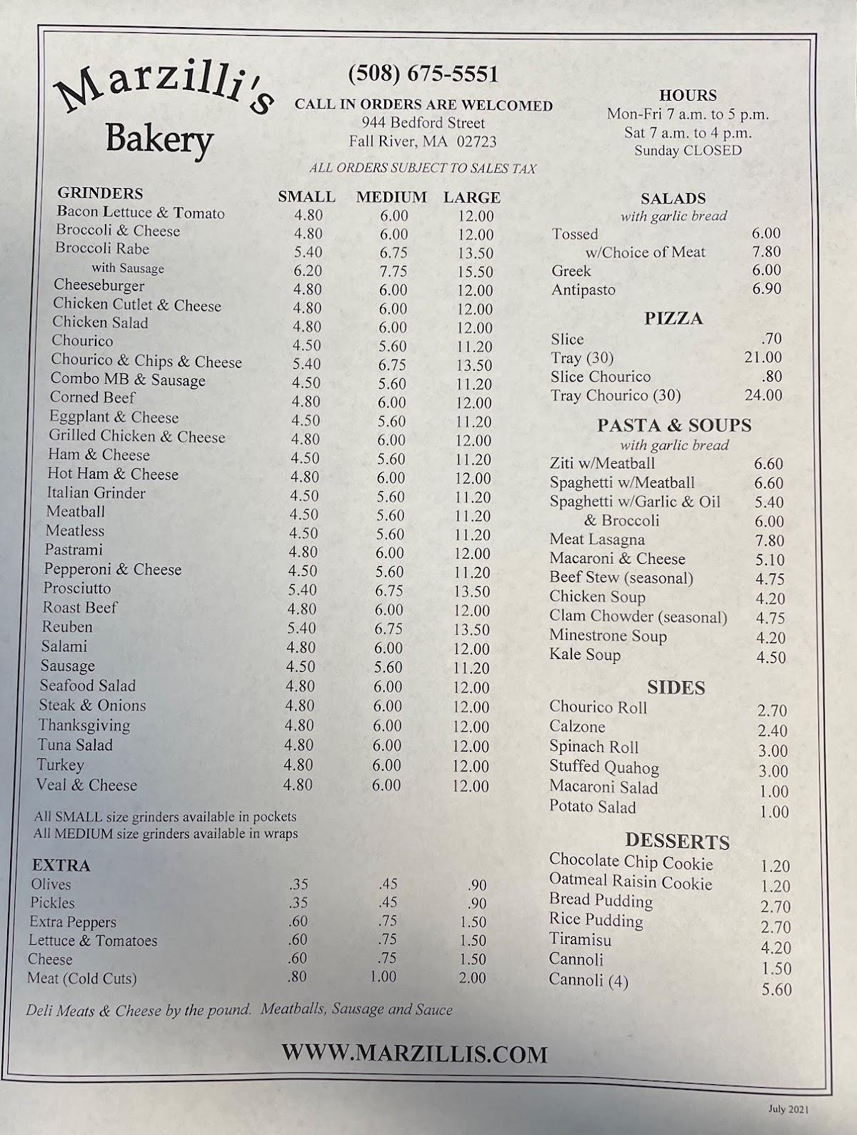 Menu at Marzilli's Bakery, Fall River