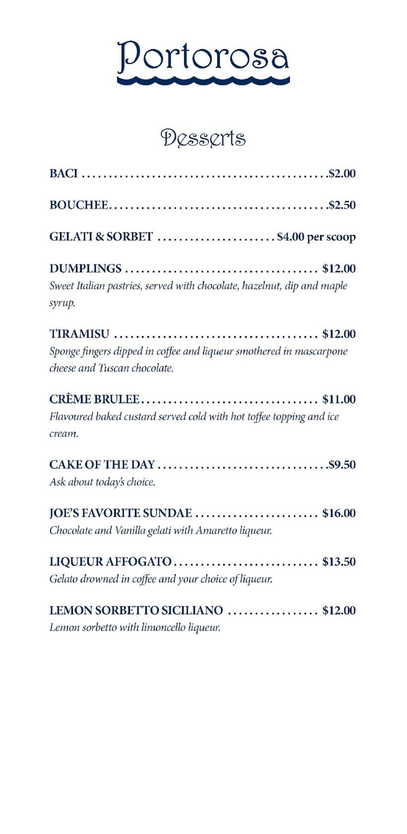 Menu at Portorosa fast food, Fremantle