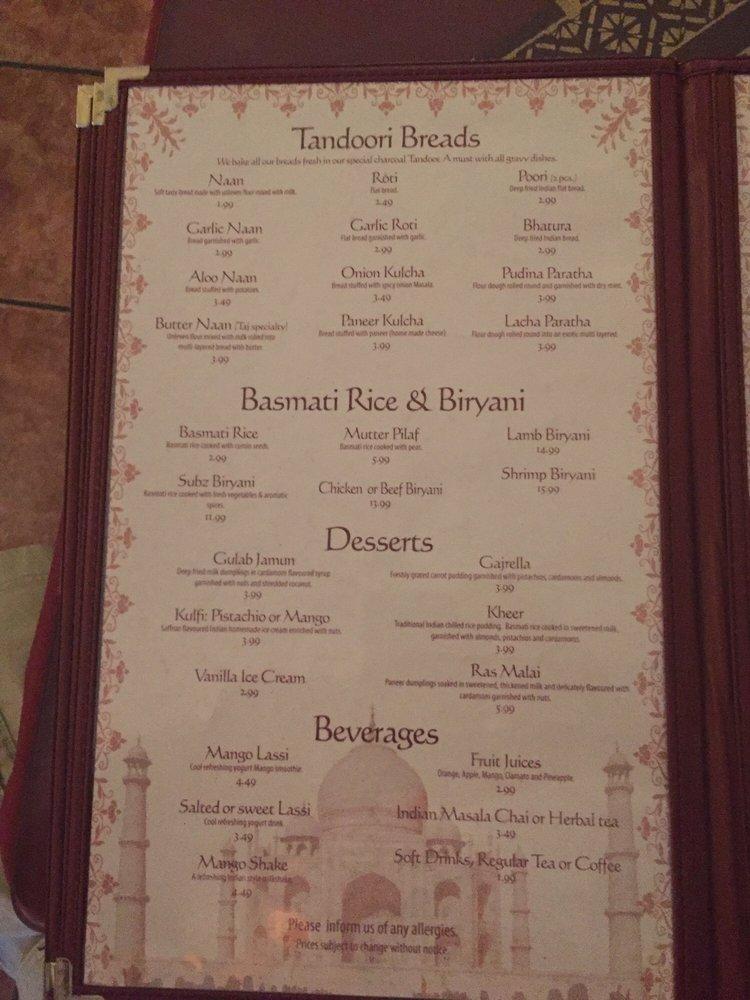 Menu at Taj Mahal restaurant, Moncton