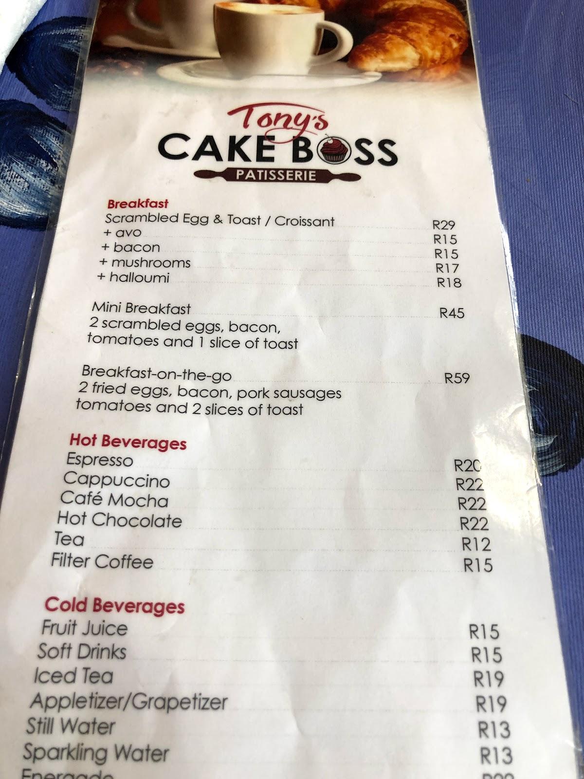 Menu at Tony's Cake Boss Patisserie, Randburg, opposite woolworths