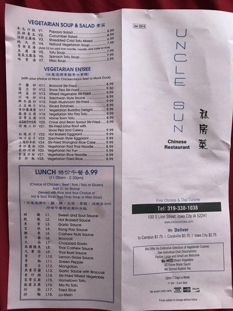 Menu at Uncle Sun restaurant, Iowa City