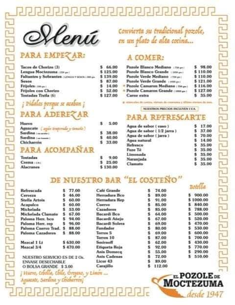 Carta del restaurante El Pozole del Moctezuma, Ciudad del México