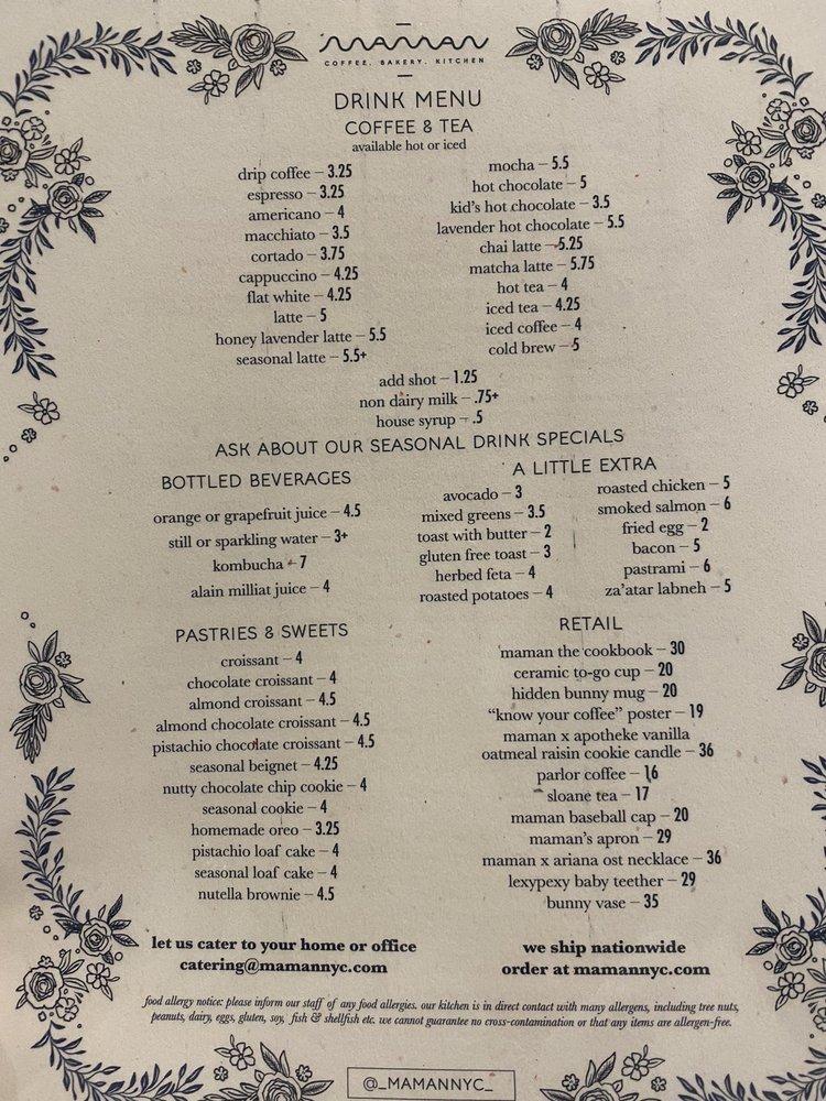Menu at maman cafe, Jersey City
