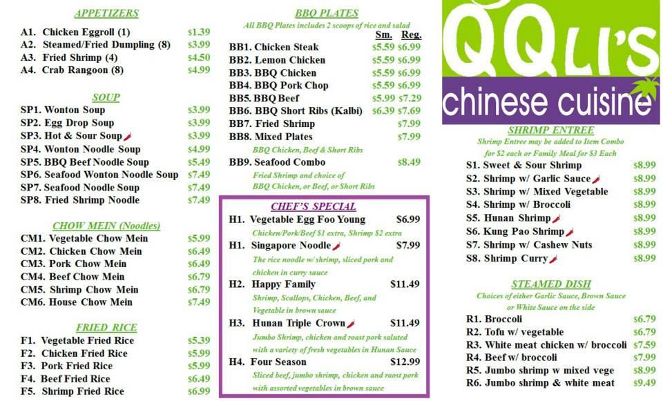 Menu at Q Q Li's Chinese Cuisine restaurant, Bellingham