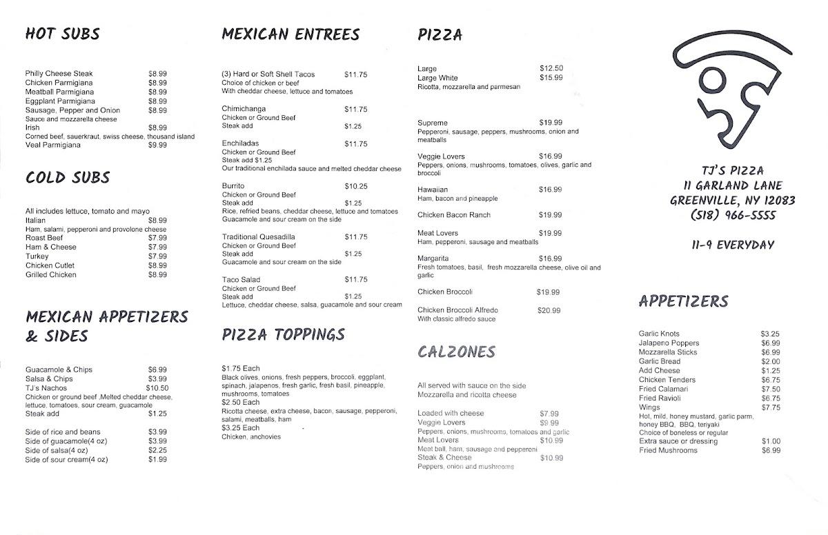 Menu at TJ's Pizza pizzeria, Greenville