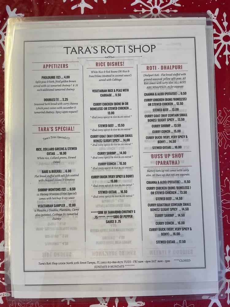 Menu at Tara's Roti Shop restaurant, Tampa