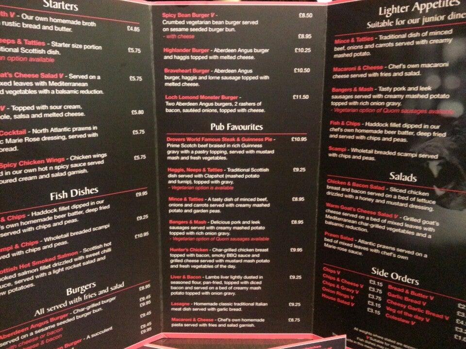 Menu at The Drovers Inn pub & bar, Inverarnan, North Loch Lomond