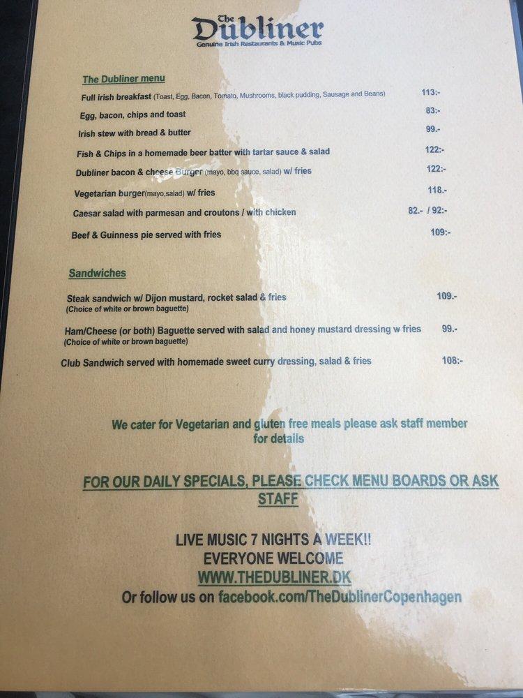 Menu at The Dubliner pub & bar, Copenhagen, Amagertorv 5