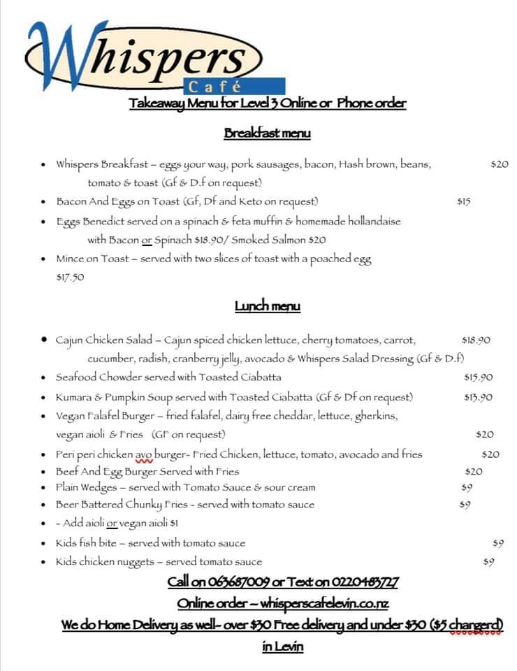 Menu at Whispers Cafe, Levin