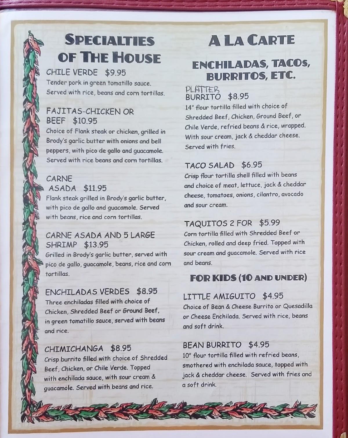 Menu at Brody's Taco restaurant, Milford