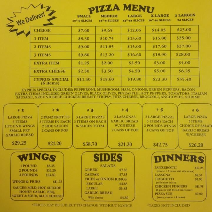Menu at Cyprus Pizza restaurant, London
