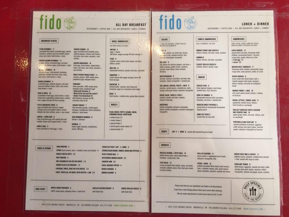 Menu at Fido cafe, Nashville
