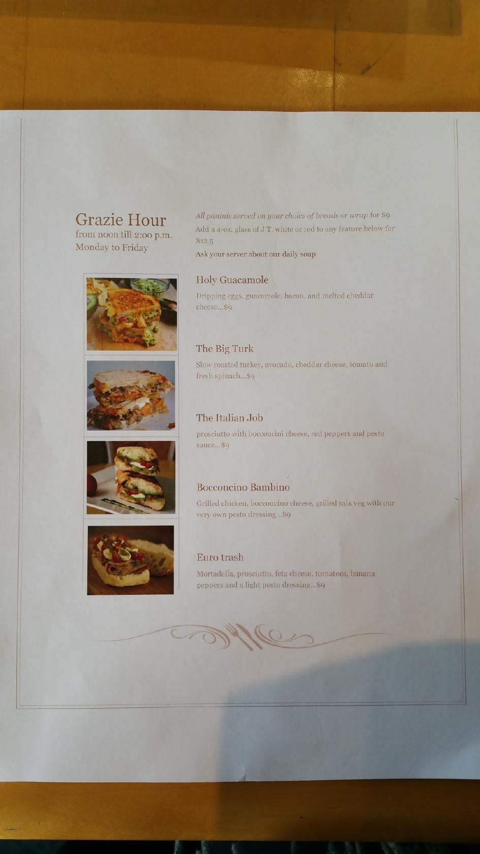 Menu at Grazie Cafe, St. Catharines, 436 Vansickle Rd