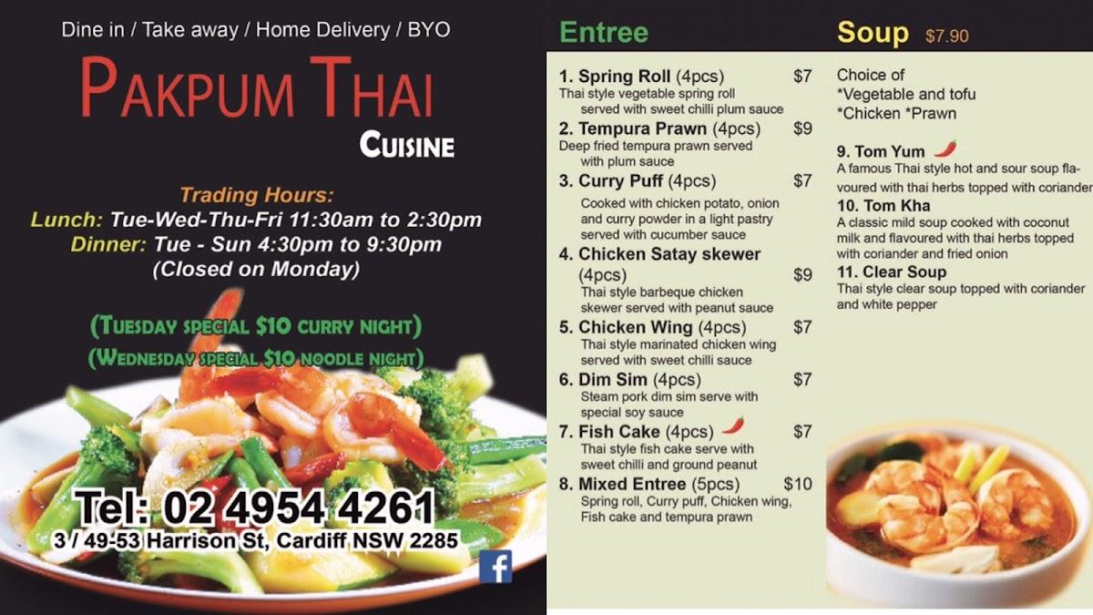 Menu at Pakpum Thai restaurant, Cardiff, 3/49 Harrison St