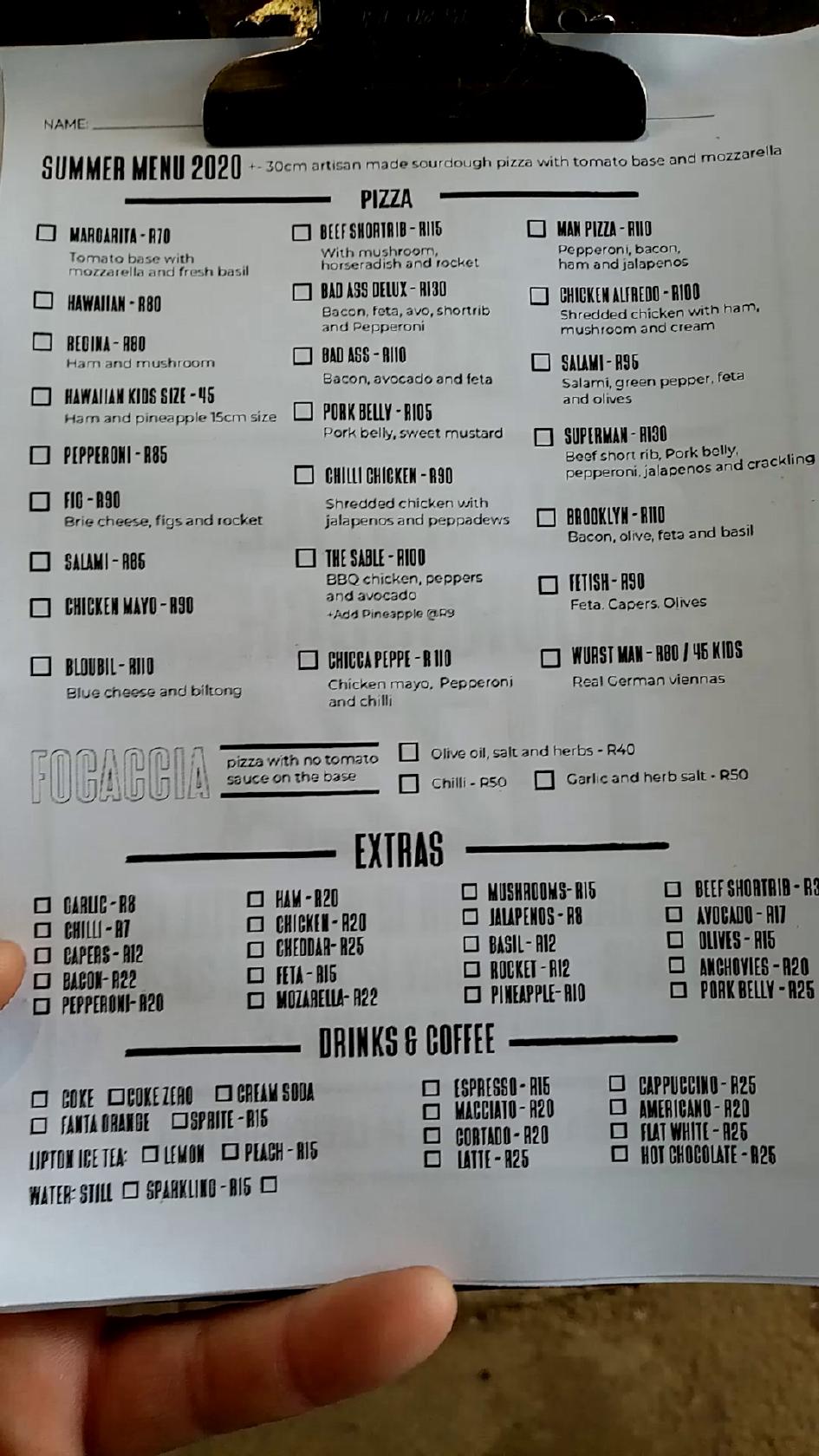 Menu at Pizza Box restaurant, Pretoria