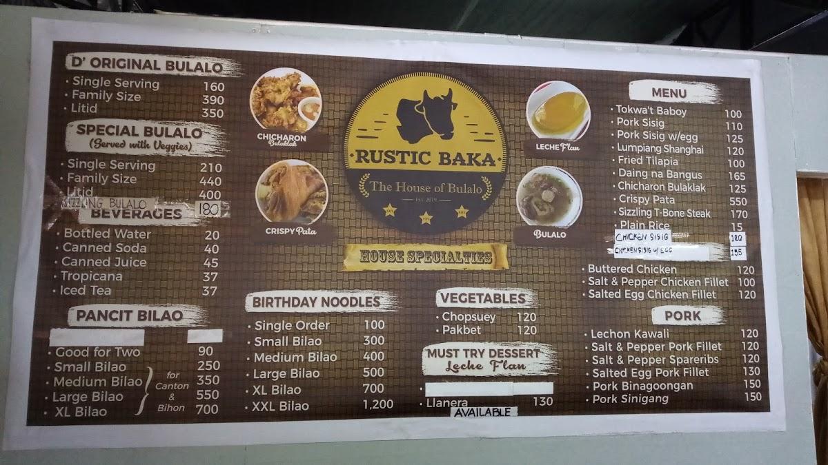 Menu at Rustic Baka restaurant, San Juan