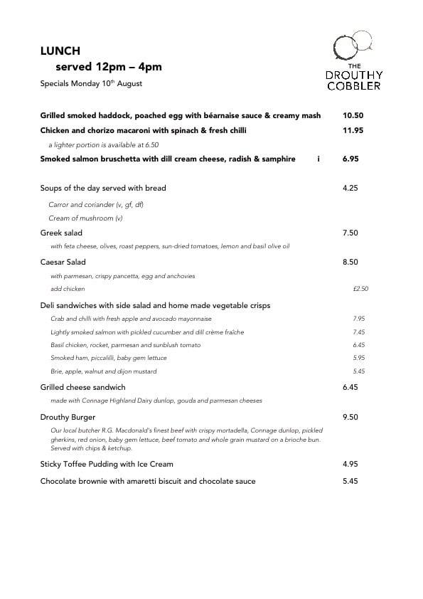 Menu at The Drouthy Cobbler pub & bar, Elgin, 48a High St