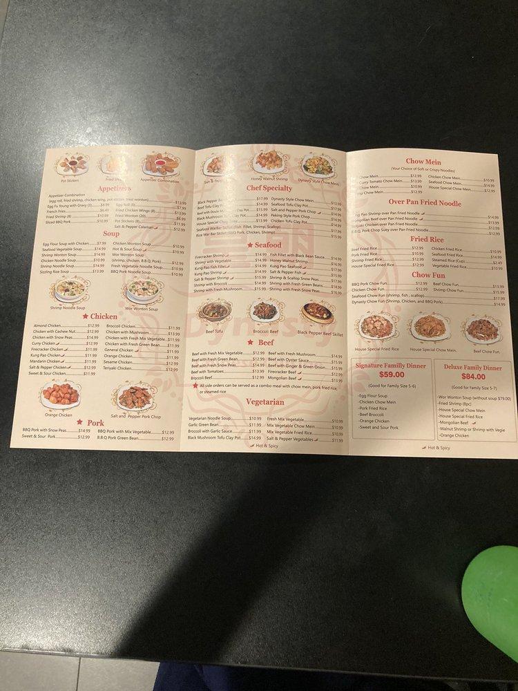 Menu at Dynasty Chinese Cuisine restaurant, Hanford