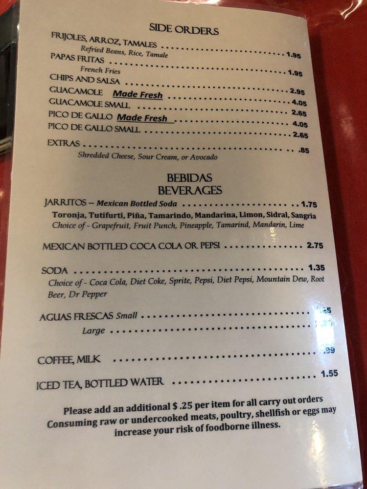 Menu at Las Dos Marias restaurant, White Pigeon
