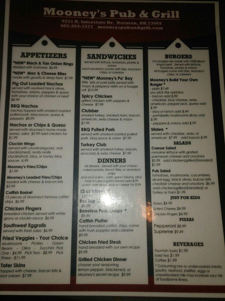 Menu at Mooney's Pub & Grill, Norman