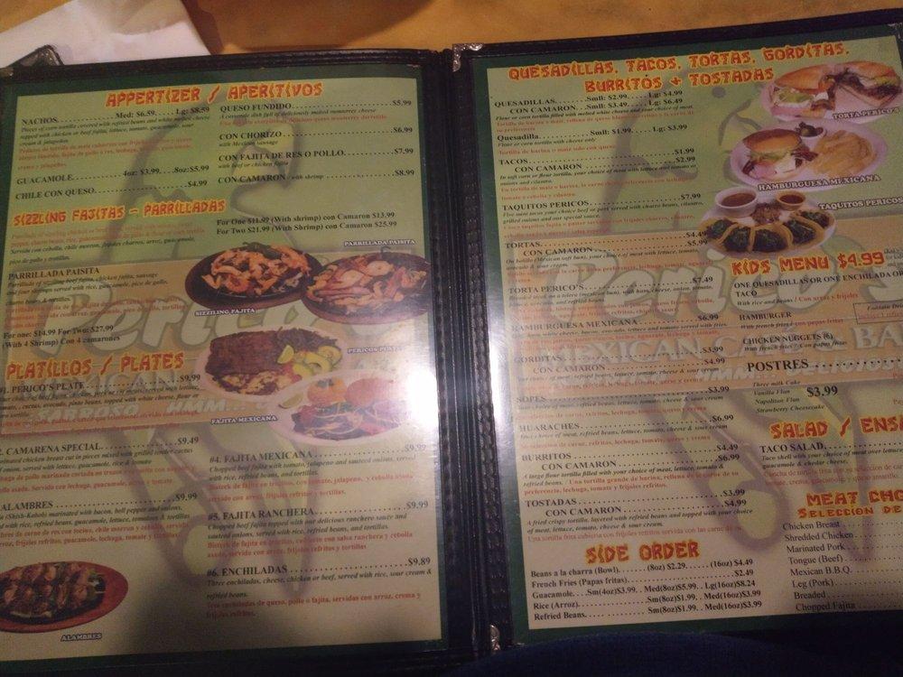 Menu at Pericos Mexican Cafe, Houston