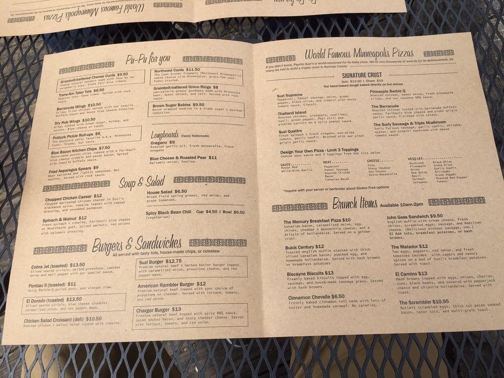 Menu at Psycho Suzi's Motor Lounge pub & bar, Minneapolis, Marshall St NE